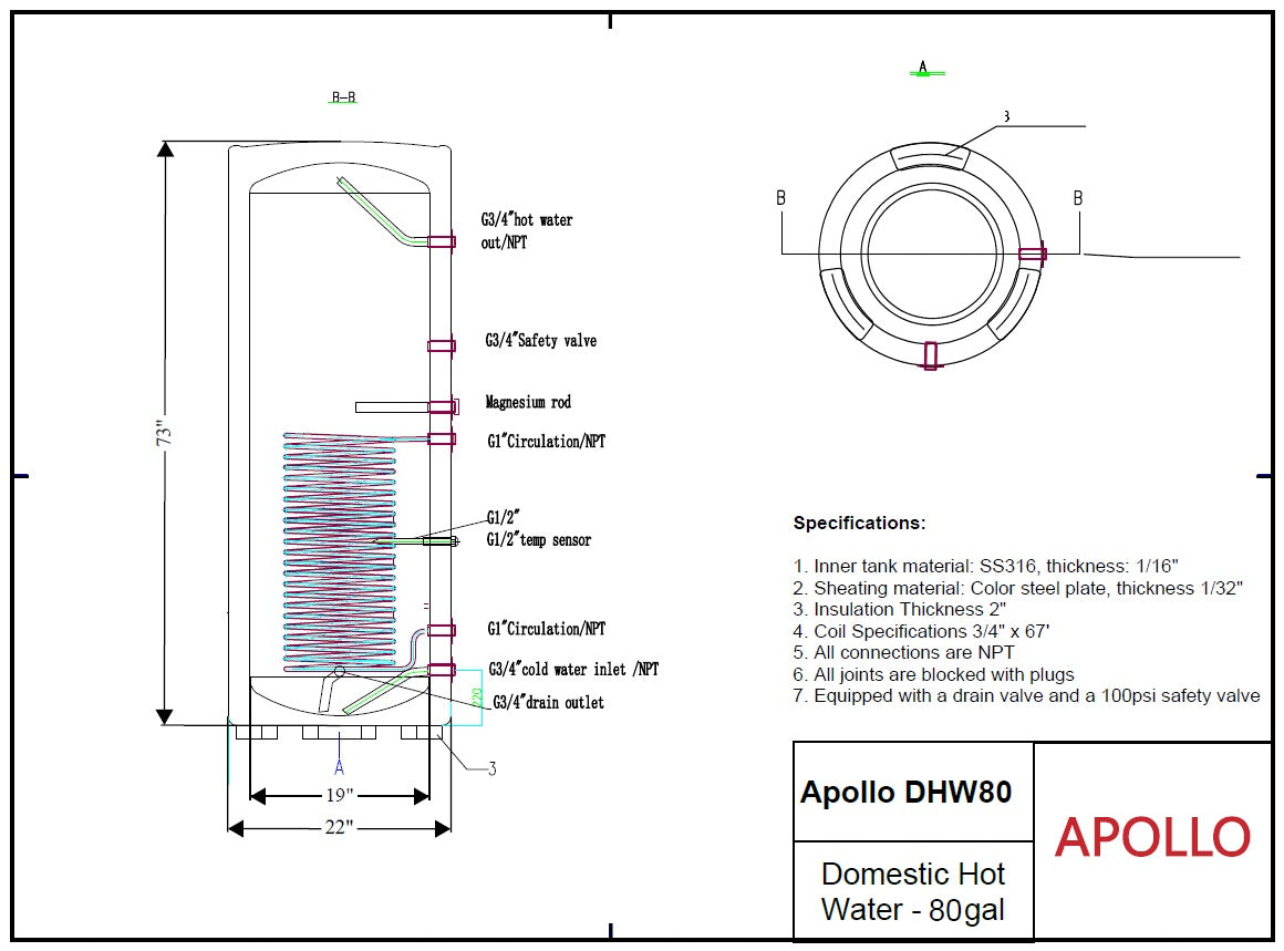 APOLLO DHW80 - Stainless Indirect Water Heater Tank - 80gal – MBTEK